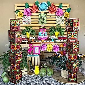 W1cwey 1 Large Tiki Column-6pcs Tiki Column Card Stock Decor, 68.8 Inch Height Three-Dimensional Tropical Hawaiian Luau Birthday Party Decoration Supplies Tiki Totem Decoration for Aloha Outdoor