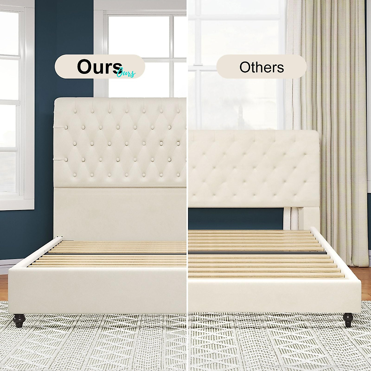 Jocisland Upholstered Bed Frame Queen Velvet Tufted Sleigh Headboard Cream