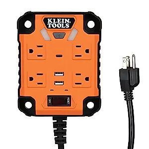Klein Tools 29601 Magnetic Power Strip with Surge Protector, Extension Cord, 4 Outlets, 3 USB Ports, 5-Foot Cord, Power Supply Box with Light, PowerBox 1, Heavy Duty