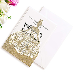 ponatia 25PCS Crown Gold Glitter Quinceanera Invitations, Laser Cut Invitations Cards With Envelopes, Printable Inner Sheets For Birthday, Baby Shower, Quinceañera Party Invite, XV Años, Quince