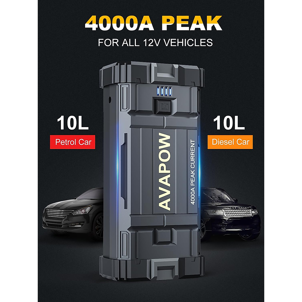 AVAPOW Car Jump Starter, 4000A Peak Battery (for All Gas or Up to 10L Diesel), Portable Booster Power Pack, 12V Auto Jump Box with LED Light, USB Quick Charge 3.0