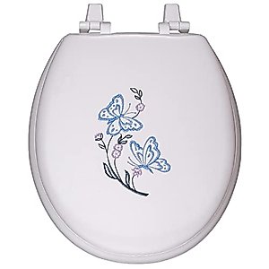 Soft Vinyl Round Toilet Seat with Embroidered Butterfly, White