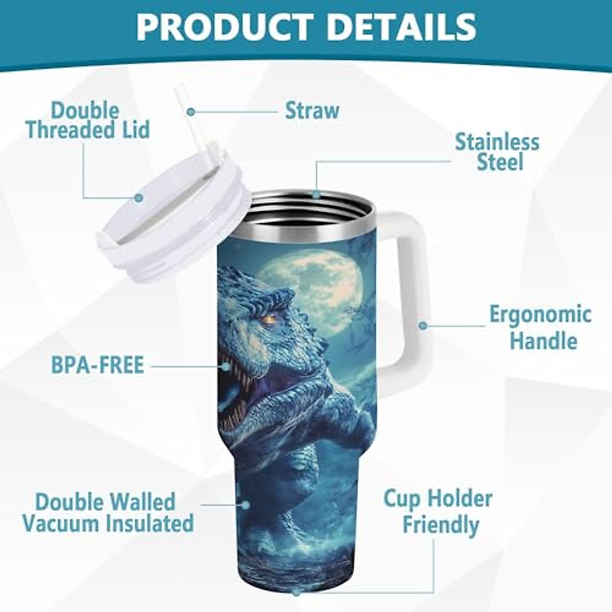 Slewiaeky Tumbler with Handle 40 oz Beast Dinosaur Horror T Rex Travel Mug with Lid and Straw Stainless Steel Vacuum Insulated Water Bottle Cup for Iced Tea Coffee Cold Beverages Cup Holder Friendly