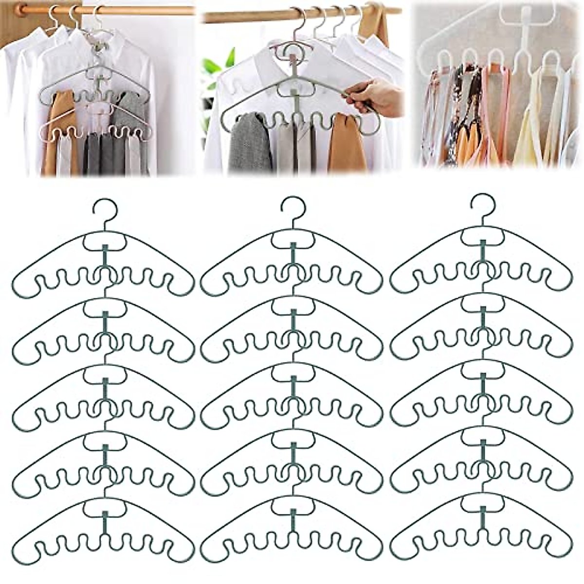 FETNHU Wave Pattern Hanger, Multifunctional Magic Wave Pattern Stackable Hanger, 8 Slots Non Slip Stackable Space Saver Closet Organization Hangers for Bra Top Camisole (Green,15PCS)