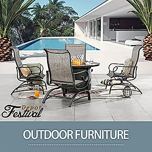 Festival Depot 5Pcs Patio Fire Pit Table Set, Outdoor Furniture Conversation Set, Propane Table and 4 Armchairs with High Textilene Back and Metal Frame for Backyard Porch Lawn Deck Garden (Grey)
