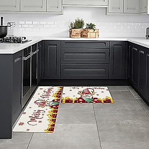 Libaoge Merry Christmas Kitchen Mat Rug Set of 2 Gnome with Horns Red Gift Box Runner Rug Anti-Fatigue Comfort Memory Foam Standing Mat Non-Slip Floor Door Mat for Bathroom Bedroom 16x24n+16x47in