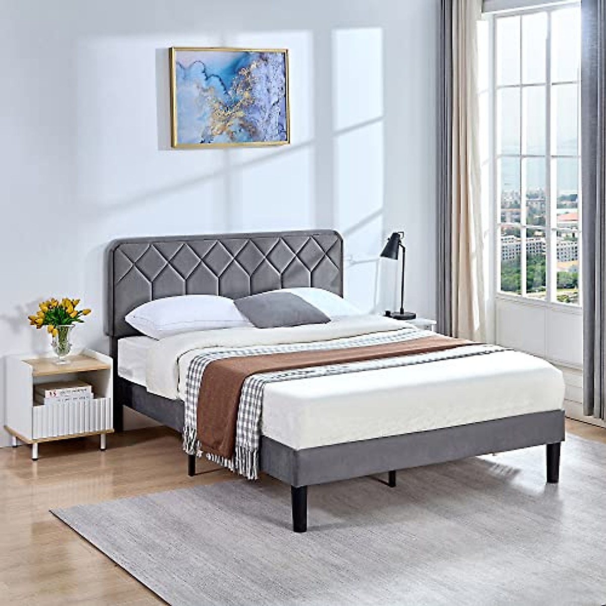 VECELO Queen Size Bed Frame Premium Upholstered Platform with Height Adjustable Headboard/Mattress Foundation Solid Wooden Slat Support, No Box Spring Needed/Easy Assembly, Dark Grey