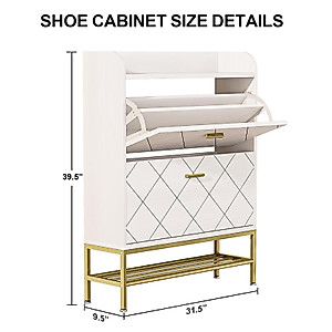 VTRIN Shoe Cabinet with 2 Flip Drawers, Wooden Shoe Organizer Cabinet Modern Sturdy Hidden Shoe Rack Cabinet with Metal Legs Narrow Shoe Cabinet for Entryway Shoe Storage Cabinet, White