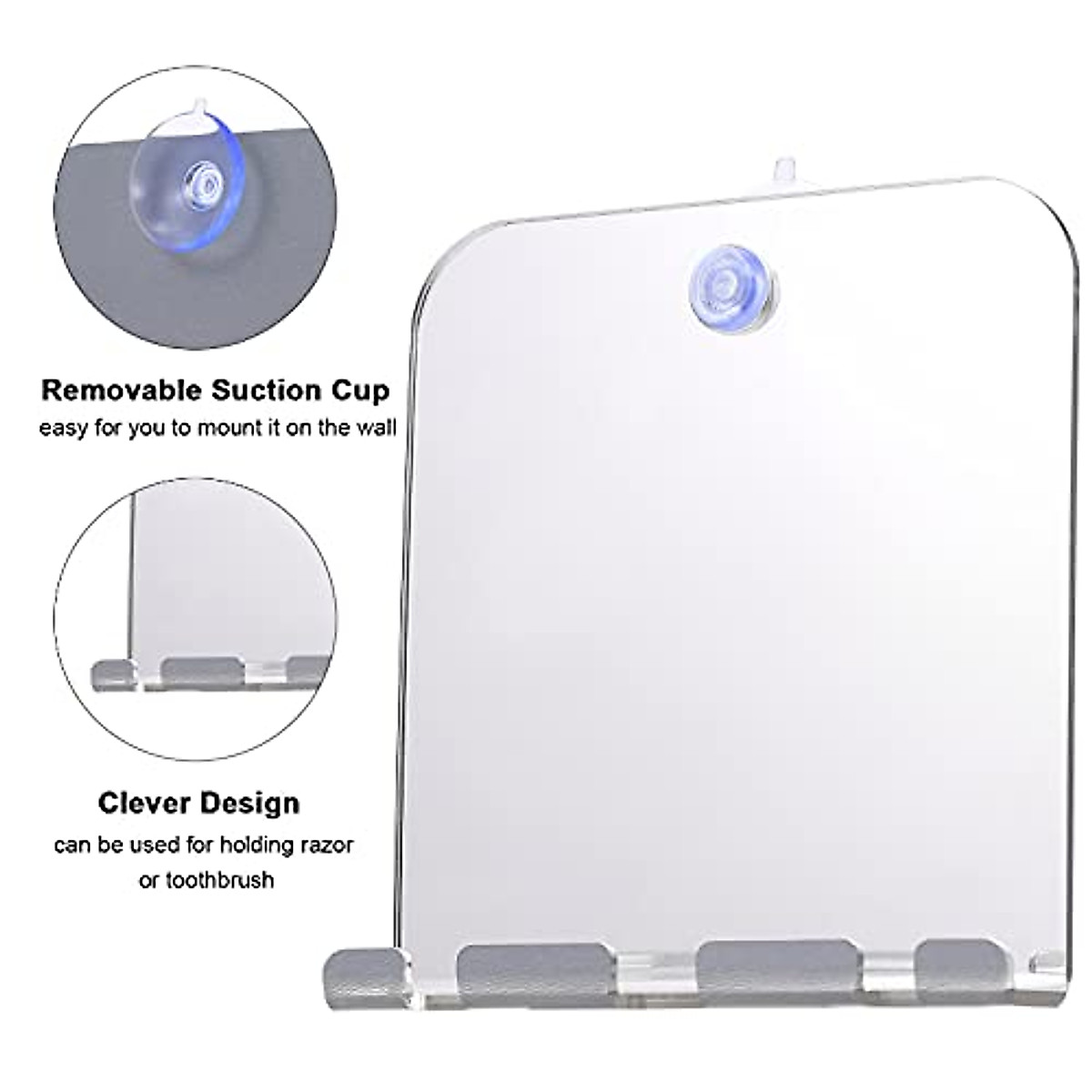 Funerom 5.4x5.1 inch Fogless Bathroom Shaving Mirror with Built-in Razor Holder Includes 4 Adhesive Hooks 2 Anti-Fog Film Anit-Fog Shower Mirror Frameless Portable Square