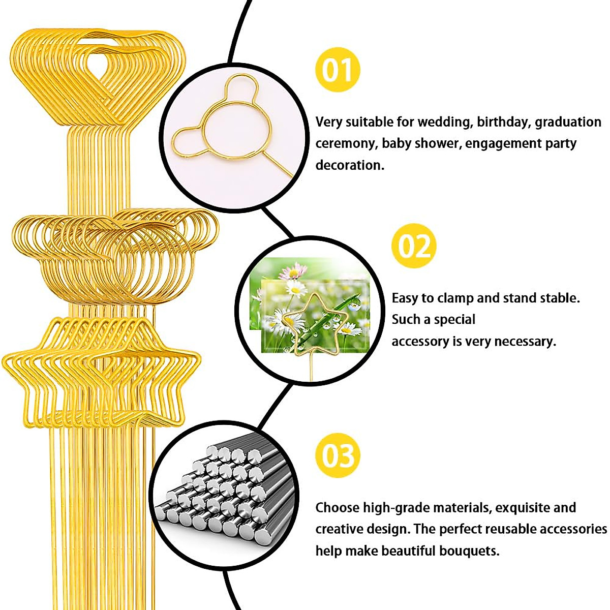 Aohcae 30 Pcs Metal Wire Floral Place Card Holder, Gold Floral Card Holder Picks Photo Picture Memo Gift Card Holder for Flower Arrangement Wedding, Birthday, Party Favor(Heart+Star+Mickey)