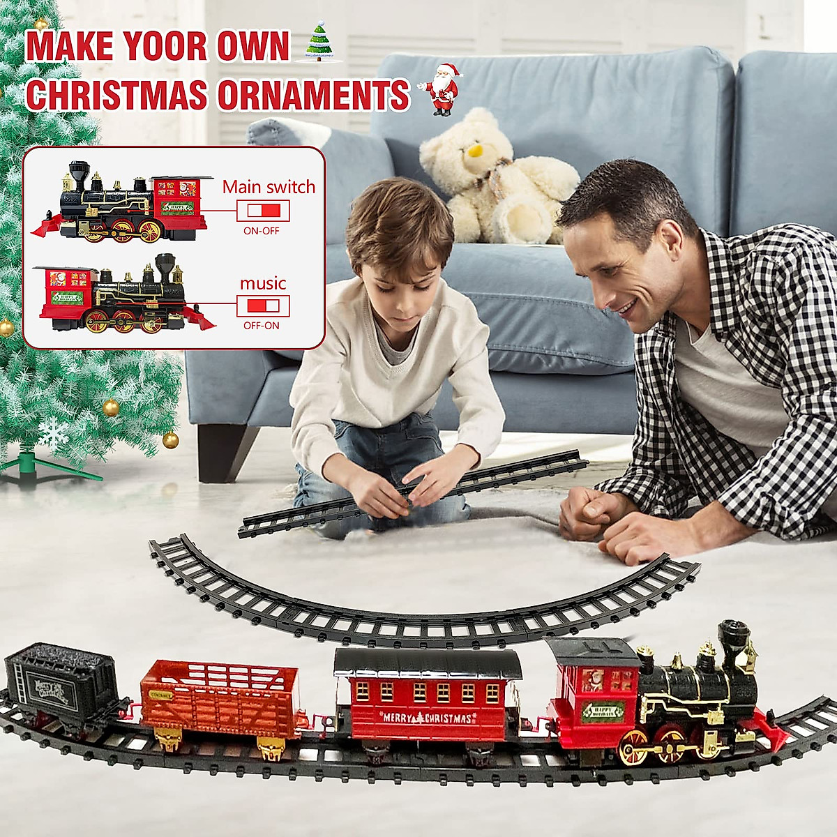 OCHIDO Train Set - Christmas Train Sets for Under The Tree, Electric Train Toy Gift for Boys Girls, with Railway Kits,Cargo Cars & Tracks,Light,Smokes & Sound,for 3 4 5 6 7 8+ Year Old Kids