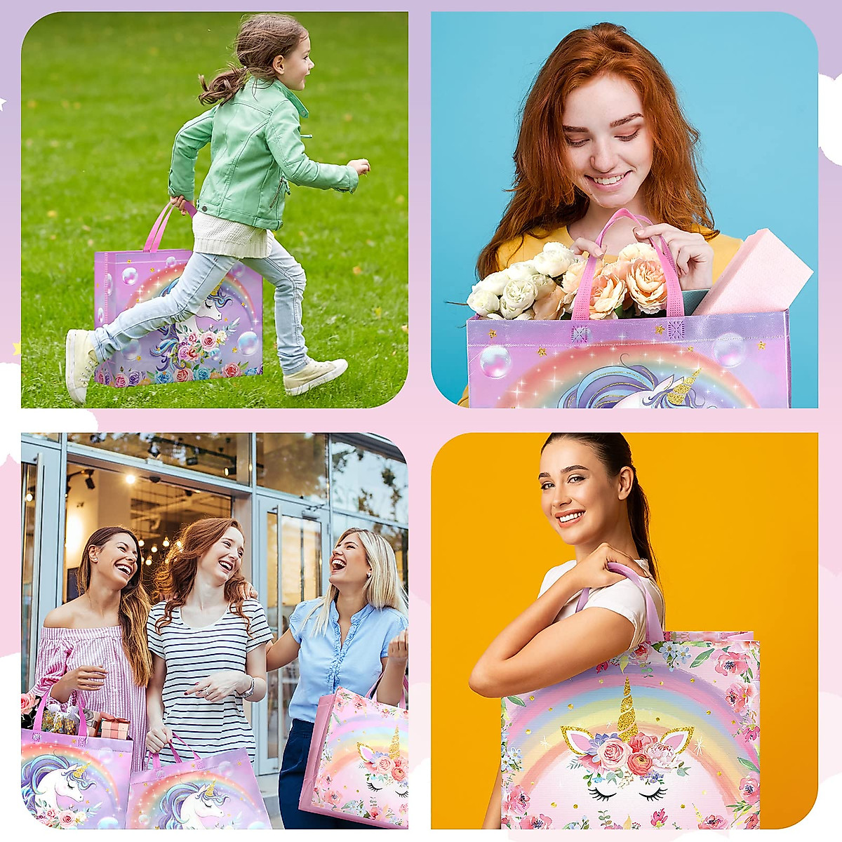 Sweetude 6 Pcs Unicorn Large Gift Bags 16inch Birthday Tote Bag with Handles Reusable Non Woven Shopping Bag for Party Favor(Unicorn)