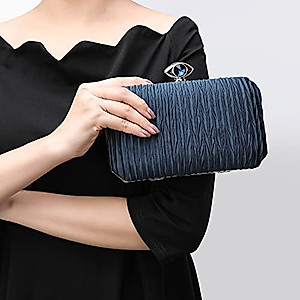PEEPTOE EVENING Satin Pleated Clutch Purses for Women Crystal Evening Bag for Wedding Party Prom Navy