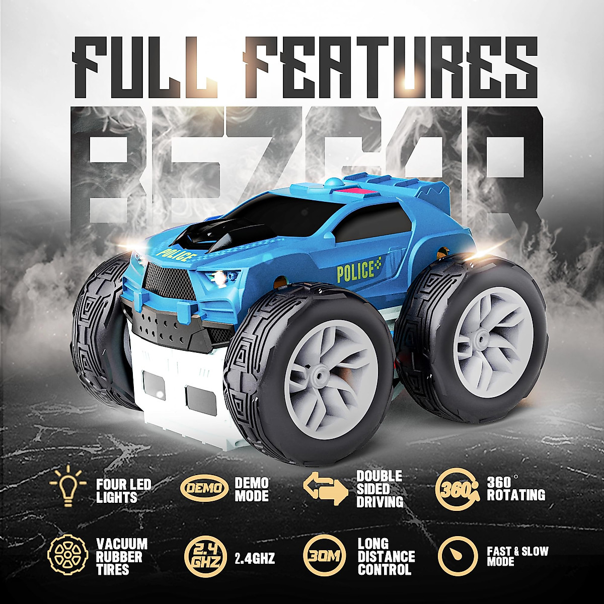 BEZGAR TD201 Remote Control Car-Police&Ambulance Car 2 in 1 Double Sided RC Stunt Car with 360 Flip Spinning Toy Car Vehicle Gifts for Boys Kids