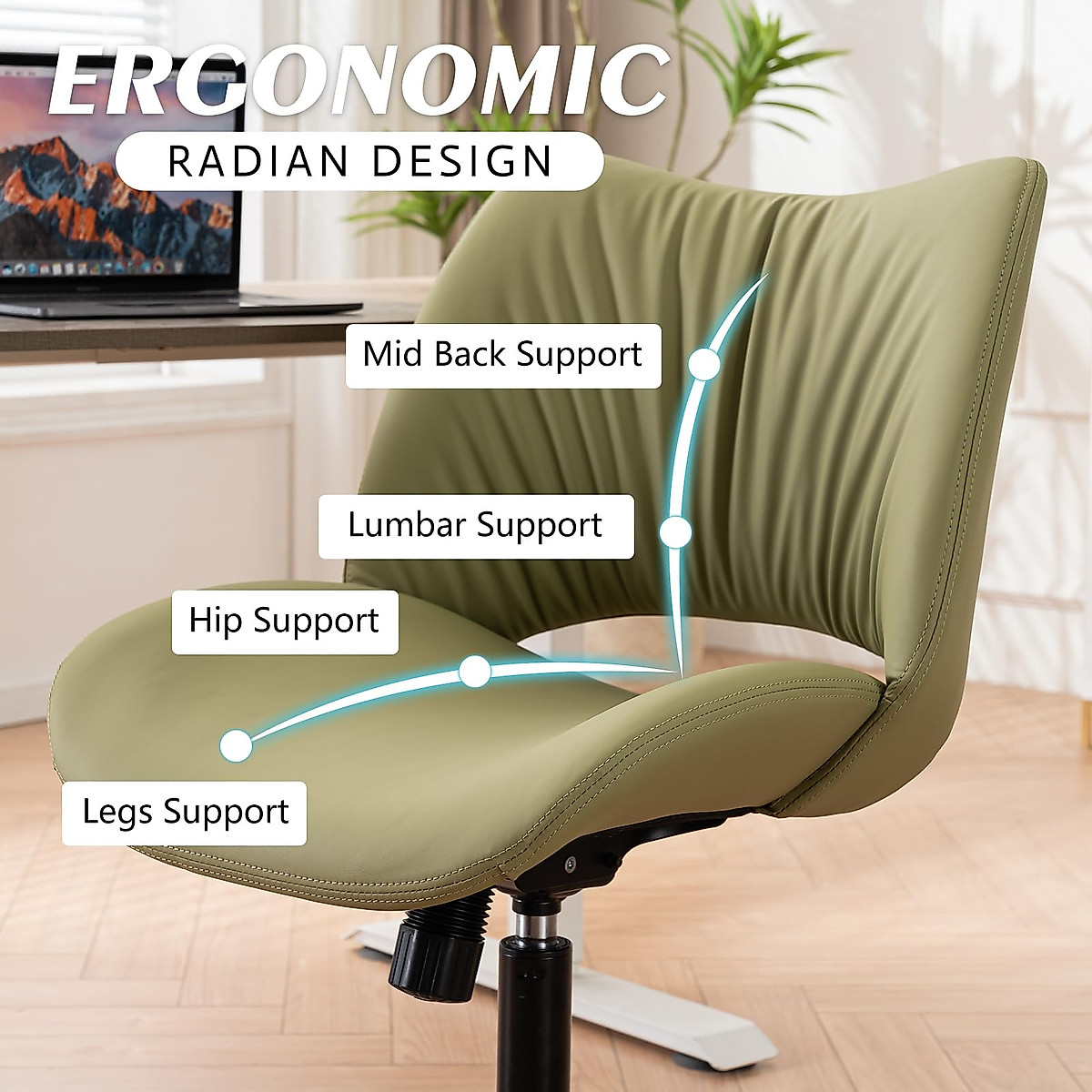 YOUTASTE Home Desk Chair Ergonomic Office Chair Armless Rolling Task Chair Leather Computer Chair of Height Adjustable and Thicked Padded Avocado Green