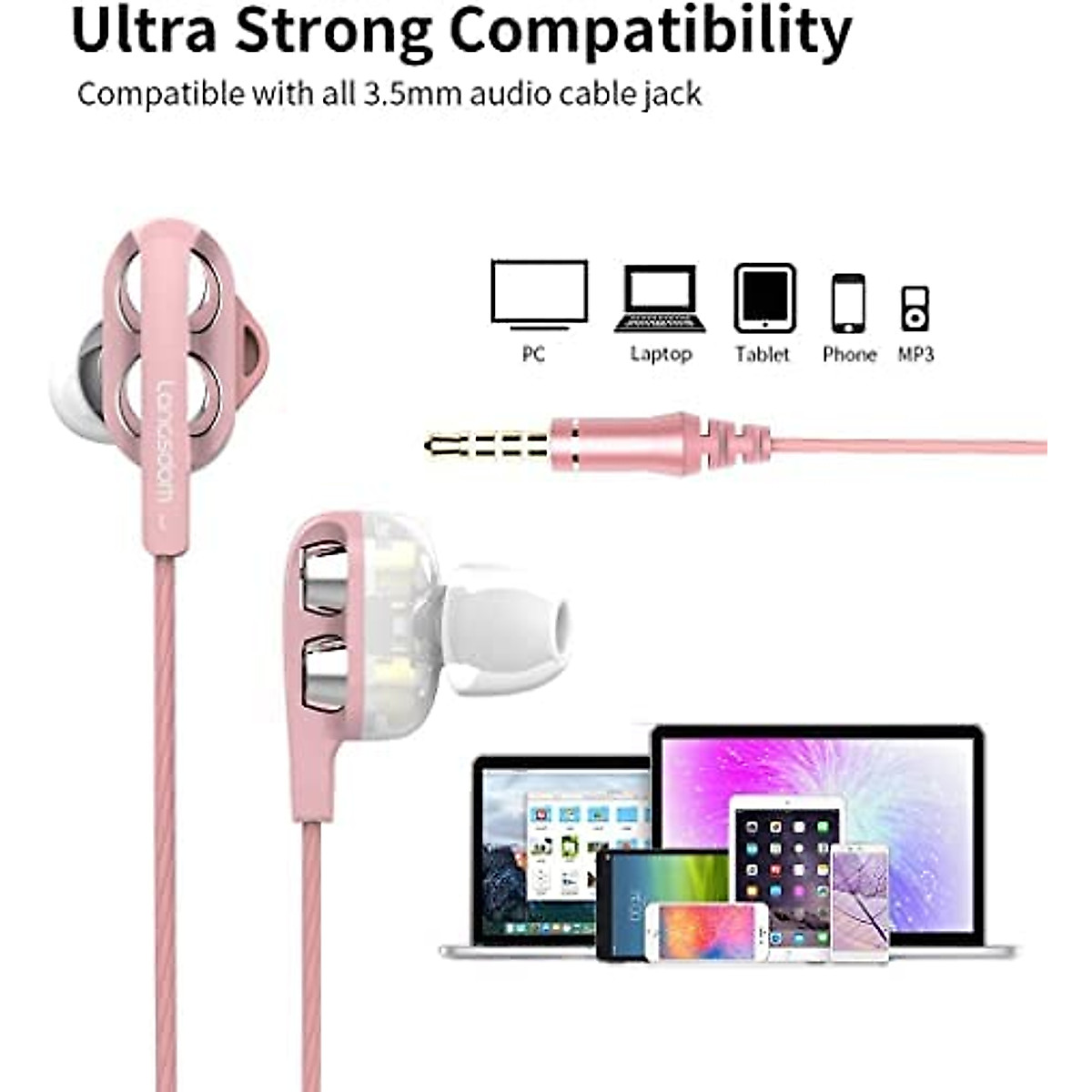 Earphones Wired in Ear Noise CANCELING with MICPHONE Crystal Clear Soun Compatible with Android MP3/MP4 (Rose Pink)