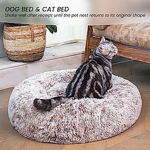 Calming Dog Bed, Donut Anti Anxiety Cat Bed, Round Fluffy Plush Faux Fur Pet Bed, 27 Inch Dog & Cat Cuddler Bed, Anti Slip Waterproof Mute Base, Khaki Gradient