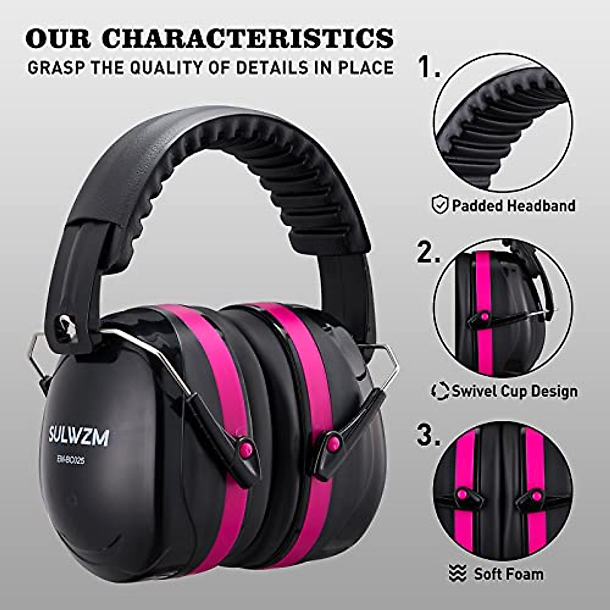 SULWZM Hearing Protection Ear Muffs,NRR 28db Noise Cancelling for Shooting, Mowing, Construction,Rose