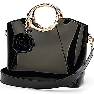 XingChen Glossy Faux Patent Leather Shoulder Handbag Women Evening Party Satchel Flower Pendant Top Handle Tote Purses Black
