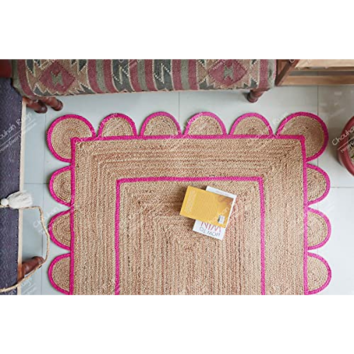 Chouhan Rugs Area Rug Natural Jute Hand Braided Rug Pink Scalloped Runner