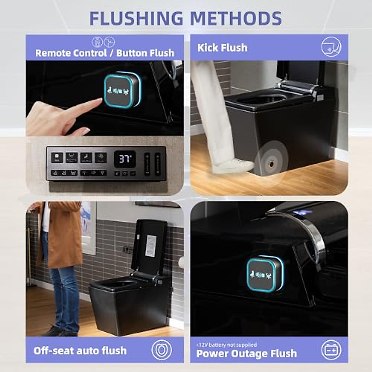 WOODBRIDGE Square Smart Bidet Toilet with Auto Open & Close, Foot Sensor, Auto Flush, Multiple Spray Modes, Heated Seat, Warm Water and Air Dryer, Auto LED Nightlight, Matte Black, EBT-MB03