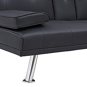 Majnesvon Modern Leather Futon Sofa Bed,Convertible Folding Couch Recliner,Sleeper Loveseat for Small Space,Apartment Office Dorms,with Cup Holders and Removable Armrest (Black)