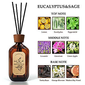 Reed Diffuser, Fragrance Diffuser for Home Scented, Reed Diffuser Set with 6 Reed Diffuser Sticks, Home Fragrance Products Eucalyptus&Sage 4.1 oz