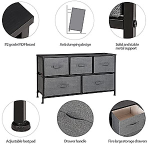 SUPER DEAL 5 Drawer Dresser for Bedroom, Wide Storage Tower Chest with Heavy Duty Steel Frame and Wood Top, Kids Toys Organizer Unit for Livingroom Closet Nursery Hallway, Light Grey