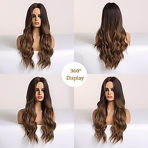 Haoland Long Ombre Brown Wavy Wig for Women 26 Inch Middle Part Curly Women's Charming Synthetic Wig with Natural Wavy Brown Heat Resistant Hair for Wedding Daily Party Use