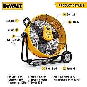 DEWALT Drum Fan High-Velocity Industrial, Drum, Floor, Barn, Warehouse Fan, Heavy Duty Air Mover with Adjustable Tilt & Large Wheel, 24", Yellow DXF2490,Black/Yellow