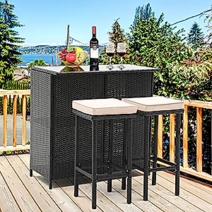 SoarFlash 3-Piece Outdoor Wicker Bar Set, Patio Rattan Bar Height Table Set with Stools, Cushion, Bistro Set for Poolside, Garden and Backyard, Beige
