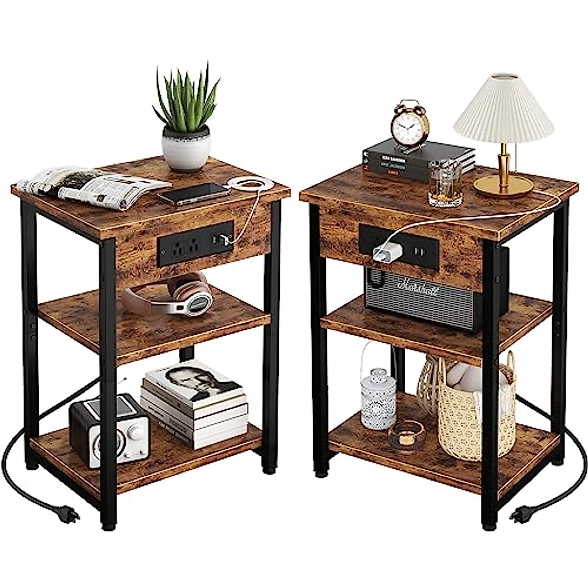 End Tables Set of 2 with Charging Station and USB Ports, 3-Tier Narrow Side Table Bedside Table with Power Outlets for Small Space Living Room Bedroom, Nightstands with Storage Shelves, Rustic Brown