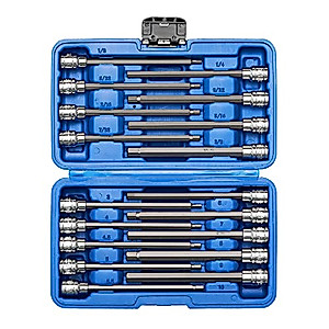 MIXPOWER 3/8" Drive Extra Deep Hex Bit Socket Set, 1/8 Inch to 3/8 Inch, 3mm to 10mm, SAE & Metric, Extra Long Allen Socket Set, CR-V and S2 Steel, 18 Pieces Set