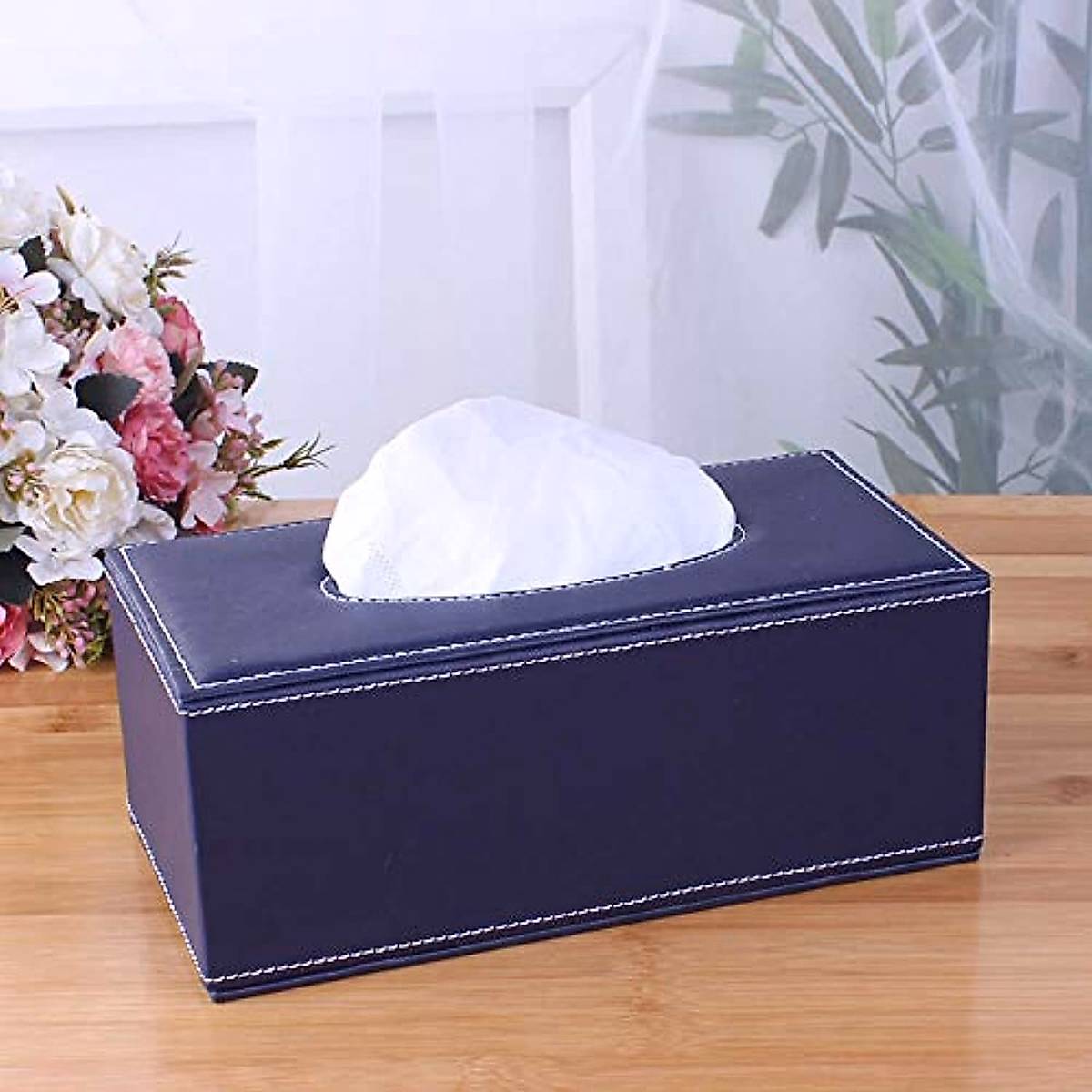 Small Leather Tissue Box Holder - Waterproof Rectangular Tissue Box Vintage Napkin Holder for Home, Office, and Car Kitchen Bathroom (22_Navy Blue)