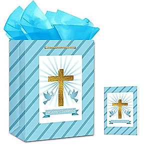 FLYAB First Holy Communion Gift Bag for Girls Boys 11.5" Easter Religious Cross Christian Gift Bag with Tissue Paper Baptism Gift Bag with Handle Christenings Confirmations Gifts for Baby Boys Girls