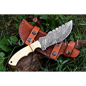 Nooraki - 11-inch | Fire Pattern Custom Handmade Damascus Tracker Knife with Camel Bone Handle Hunting knife, Camping knife, Bushcraft Knife, Survival Knife, Full Tang With Sheath #333