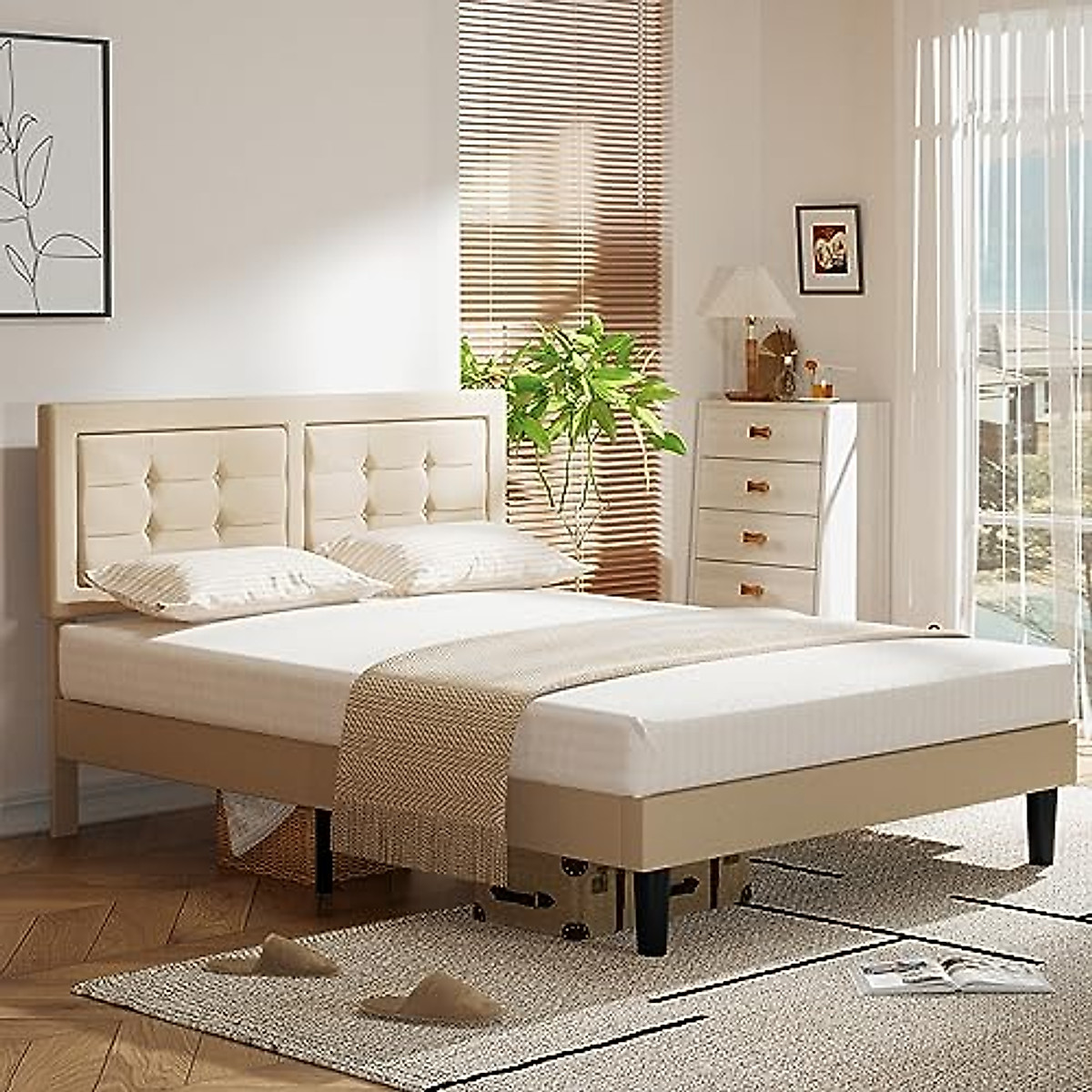 VECELO Queen Size Upholstered Bed Frame with Height Adjustable Fabric Headboard, Heavy-Duty Platform Bedframe/Mattress Foundation/Strong Wood Slat Support/No Box Spring Needed, Beige