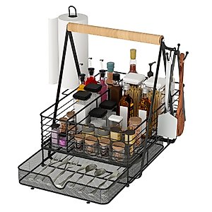 Grill Caddy for Outdoor Grill, Picnic Caddy and Grill Utensil Caddy, Condiment Caddy, BBQ Caddy with Drawer, Adjustable Compartment Storage, Quick Assemble Grill Accessories Storage