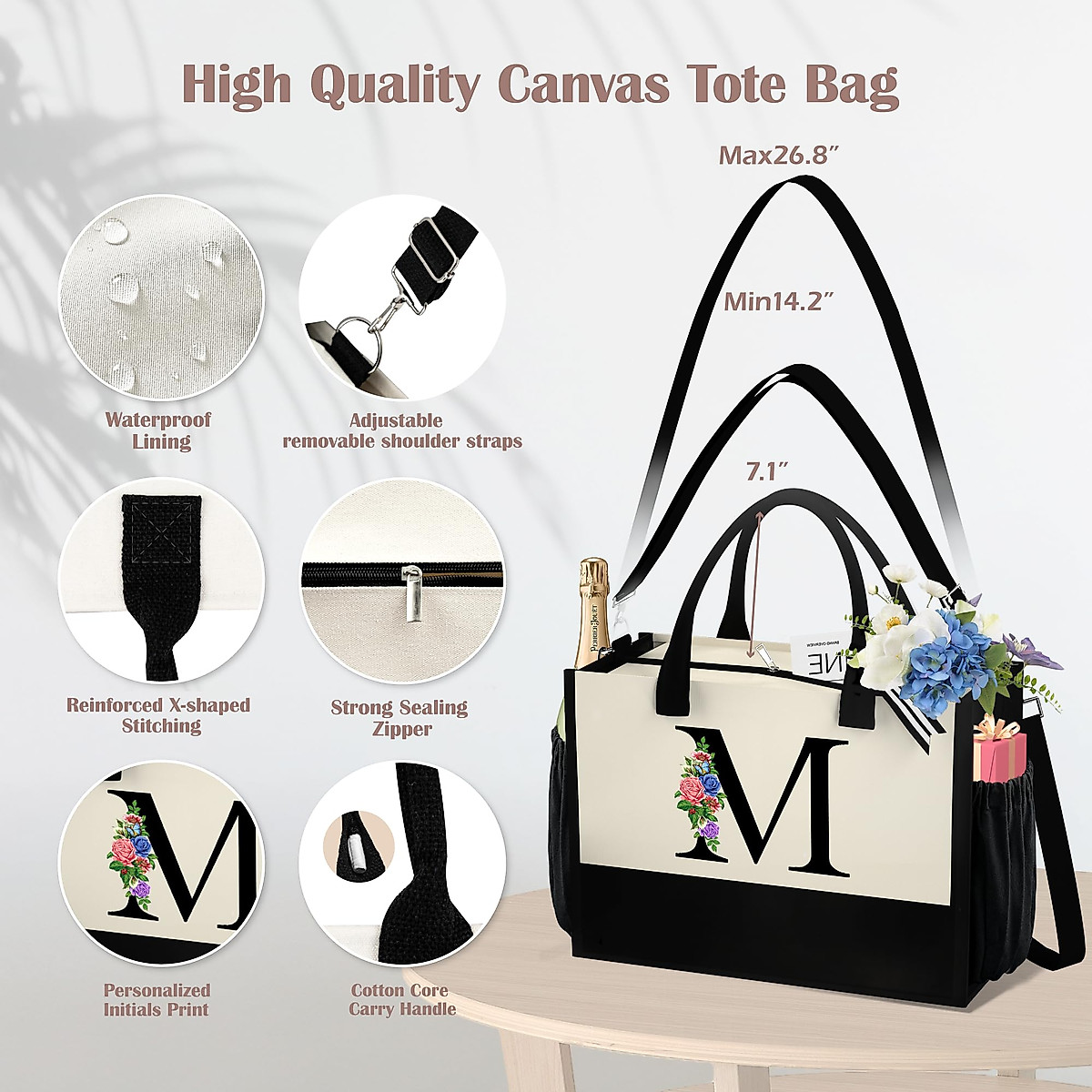 QLOVEA Tote Bag for Women, Initial Beach Bag w Shoulder Strap, 2 Side Pocket and Inner Pocket, Unique Present Bag, Birthday Gift for Mom, Grandma, Aunt, Wife, Coworker, Sister-in-Law Letter J