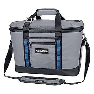 CleverMade Maverick Collapsible Cooler Bag - 50 Can Insulated Leakproof Soft Sided Beverage-Tote with Shoulder Strap, Bottle Opener and Storage Pockets, Grey/charcoal, Large, One Size