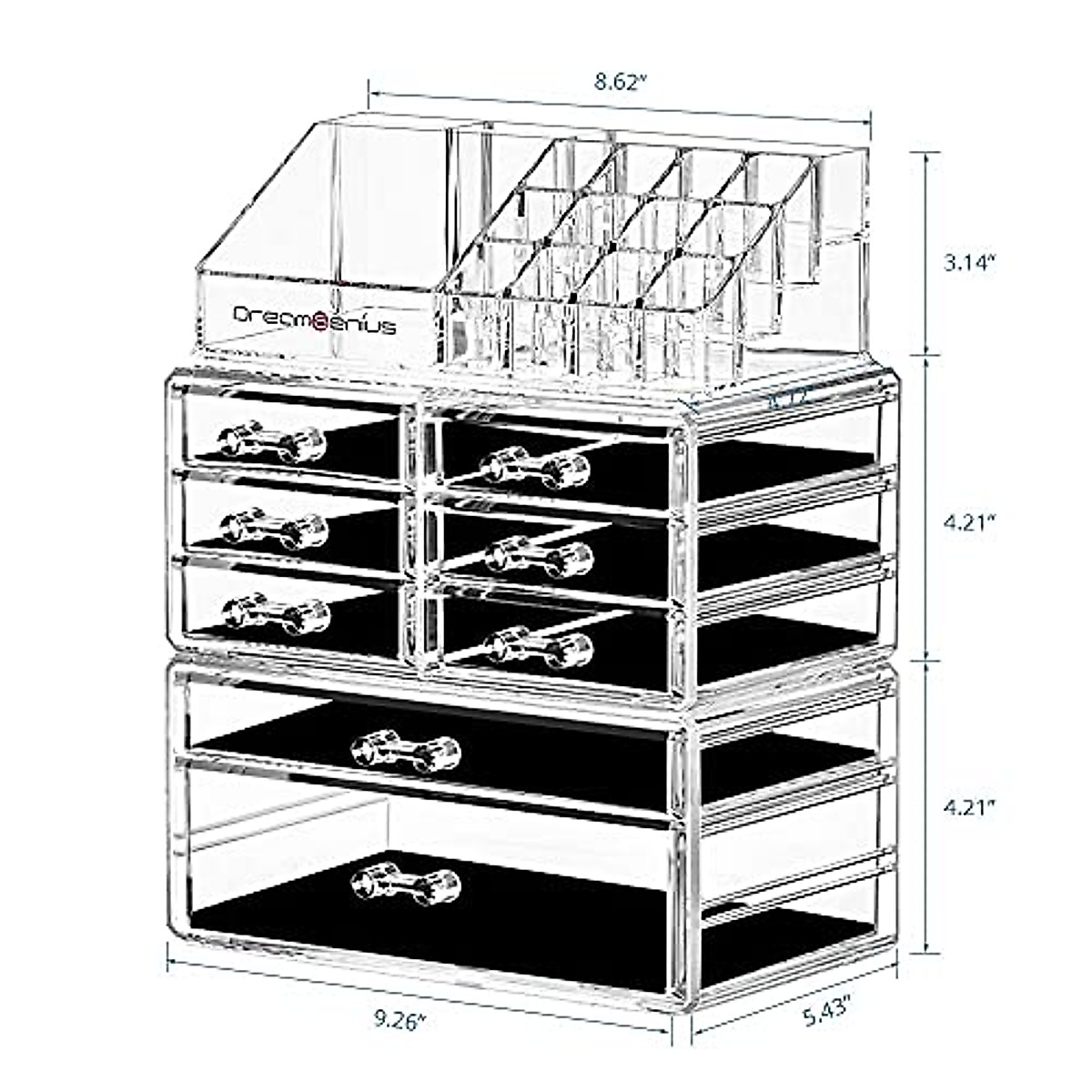 DreamGenius Makeup Organizer 3 Pieces Acrylic Cosmetic Storage Drawers Organizer for Vanity and Bathroom, Stackable Cosmetic Organizer Countertop with 8 Drawers