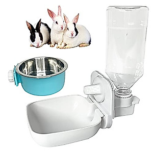 kathson Rabbit Water Bottle Bunny Food Bowl Hanging Fountain Automatic Dispenser Pet No Leak WaterFeeder Small Animals Drinking Feeder Stainless Steel Dish for Ferret Dog Cats 2PCS