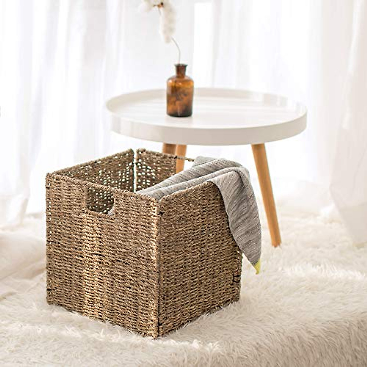 StorageWorks Rectangular Wicker Baskets for Shelves, Seagrass Hand-Woven Baskets with Linings, Medium, 10 ¼ x 10 ¼ x 10 ¾ inches, 2-Pack