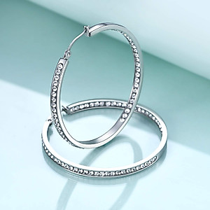 Women's Stainless Steel 2 Inch Inside-Out Crystal Cz Large Big Hoop Earrings Rhinestone Silver Tone Pierced Ladies Cubic Zirconia Hoop Earrings Hypoallergenic for Sensitive Ears