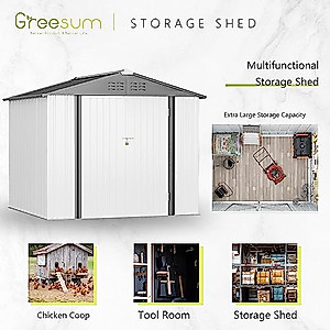 Greesum Metal Outdoor Storage Shed 8FT x 6FT, Steel Utility Tool Shed Storage House with Door & Lock, Metal Sheds Outdoor Storage for Backyard Garden Patio Lawn, White