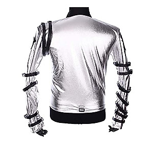 III-Fashions Men's Classic Michael Pop Bad Concert Tour Punk Belts Costume Silver Satin Biker Jacket, Medium
