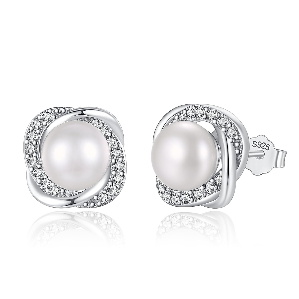 Pearl Earrings for Women Freshwater Cultured Pearl Stud Earrings 925 Sterling Silver Cubic Zirconia Stud Earrings for Mother Her (Silver)