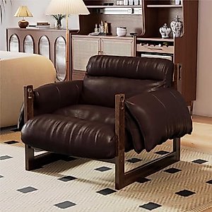 FRITHJILL 33.5" Wide PU Leather Accent Chair with Solid Wood Frame, Cozy and Stylish Living Room Bedroom Armchair, Lounge Chair with Pillow-Like Comfort, Dark Brown