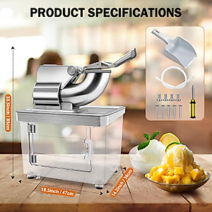 Commercial Ice Crusher 480lbs/hr, 350W Electric Ice Shaver Snow Cone Machine with Dual Blades, 40L Large Storage Bin, Stainless Steel Shaved Ice Machine for Home, Restaurants, Bars, Shops, Party