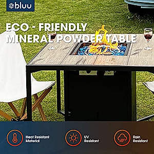 Bluu 32in Square Propane Fire Pit Table Gas Fire Pits for Outside with Blue Glass Beads, Faux Wood Fire Table Safe CSA Smokeless Firepit Great for Party on Patio & Balcony with Tank Cover